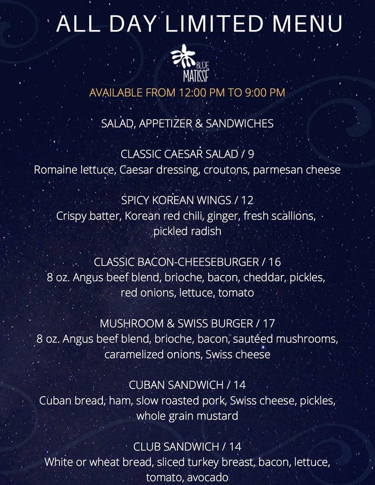 Carta del restaurante Blue Matisse, Doral