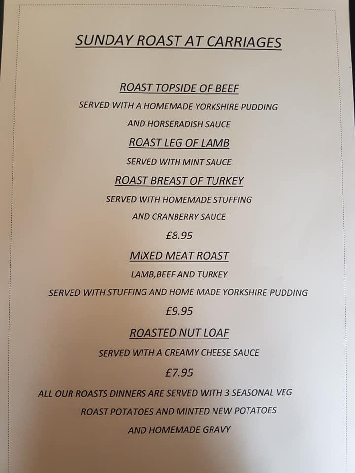 Menu at Carriages restaurant, Weston-super-Mare
