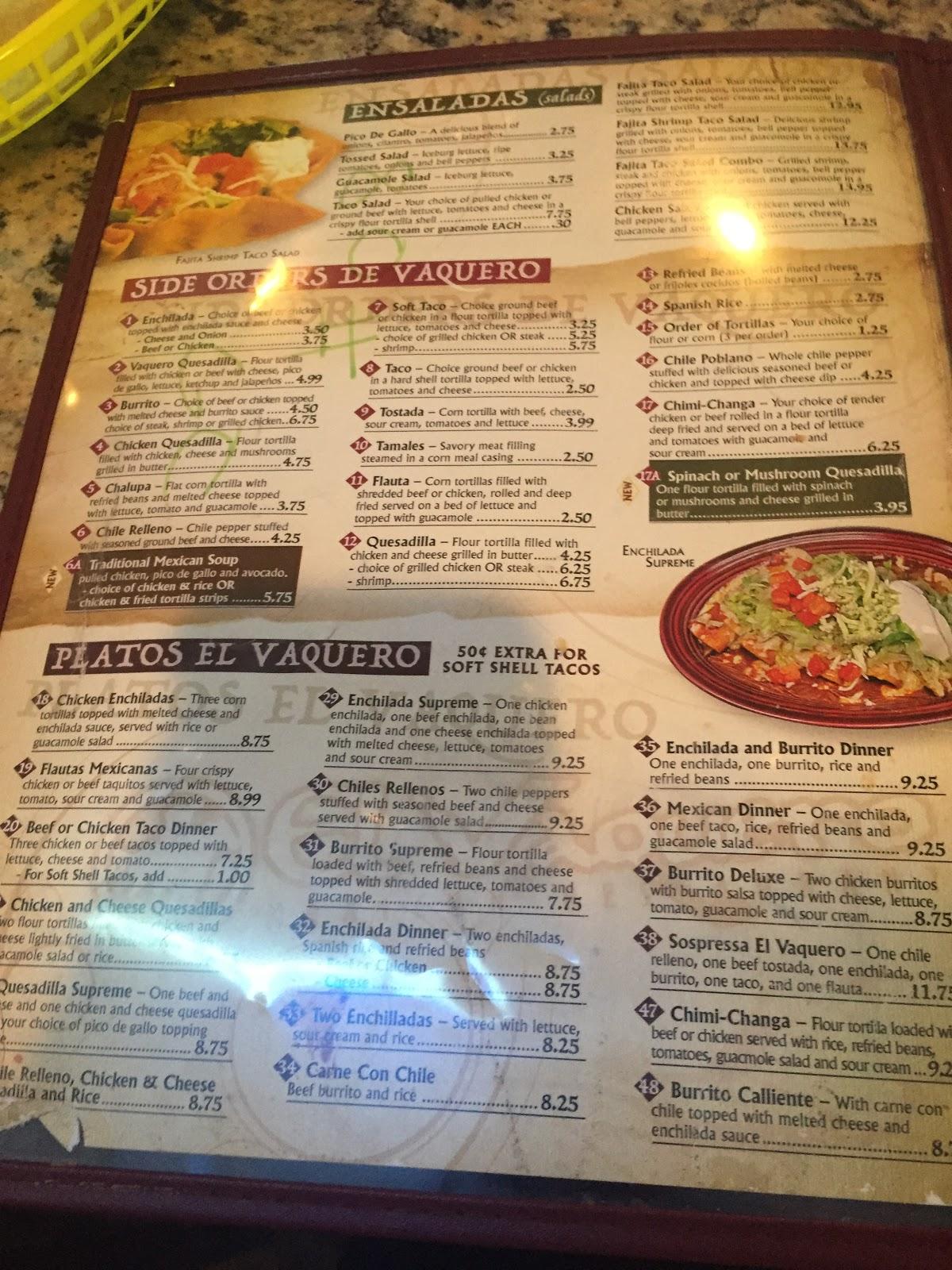 Menu at El Vaquero Mexican Restaurant, Columbus, N Lake Pkwy