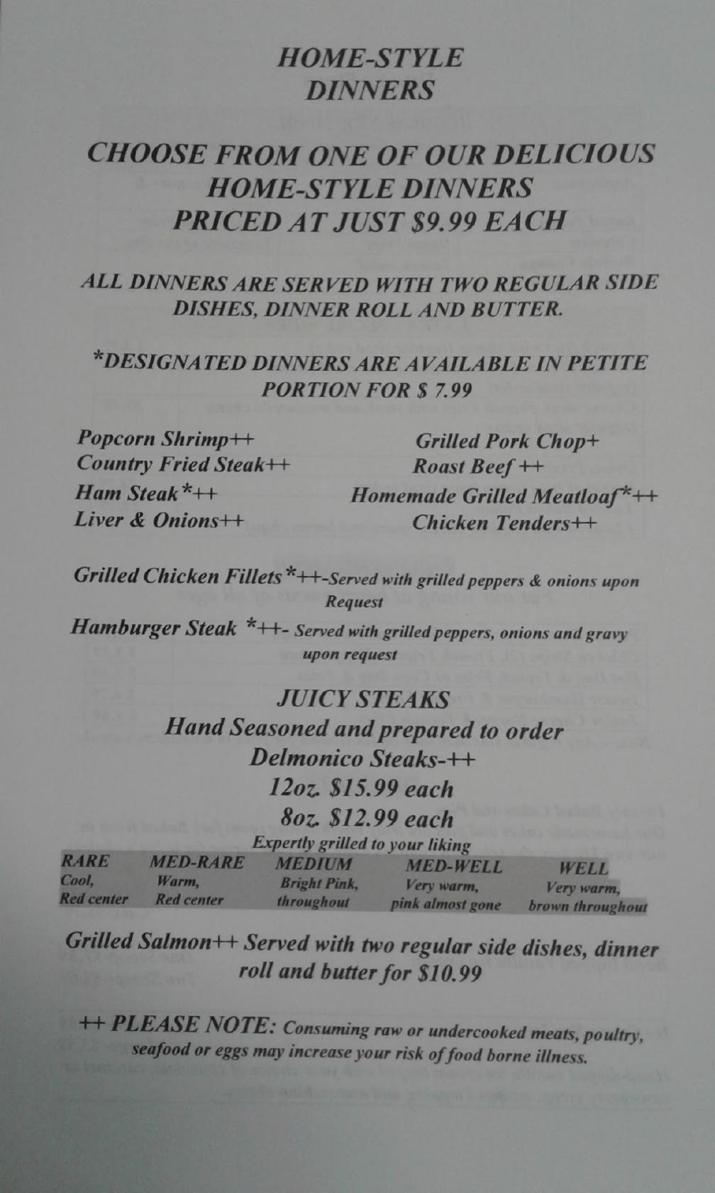 Menu at Key Largo's restaurant, Allport