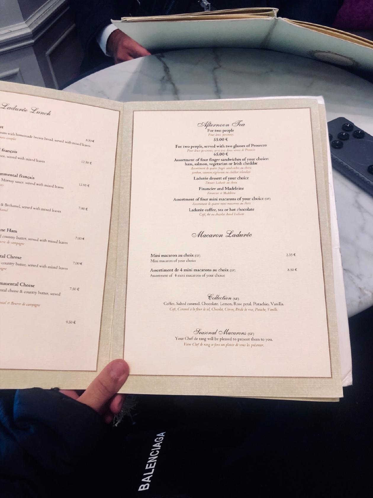 Menu at Ladurée cafe, Dublin