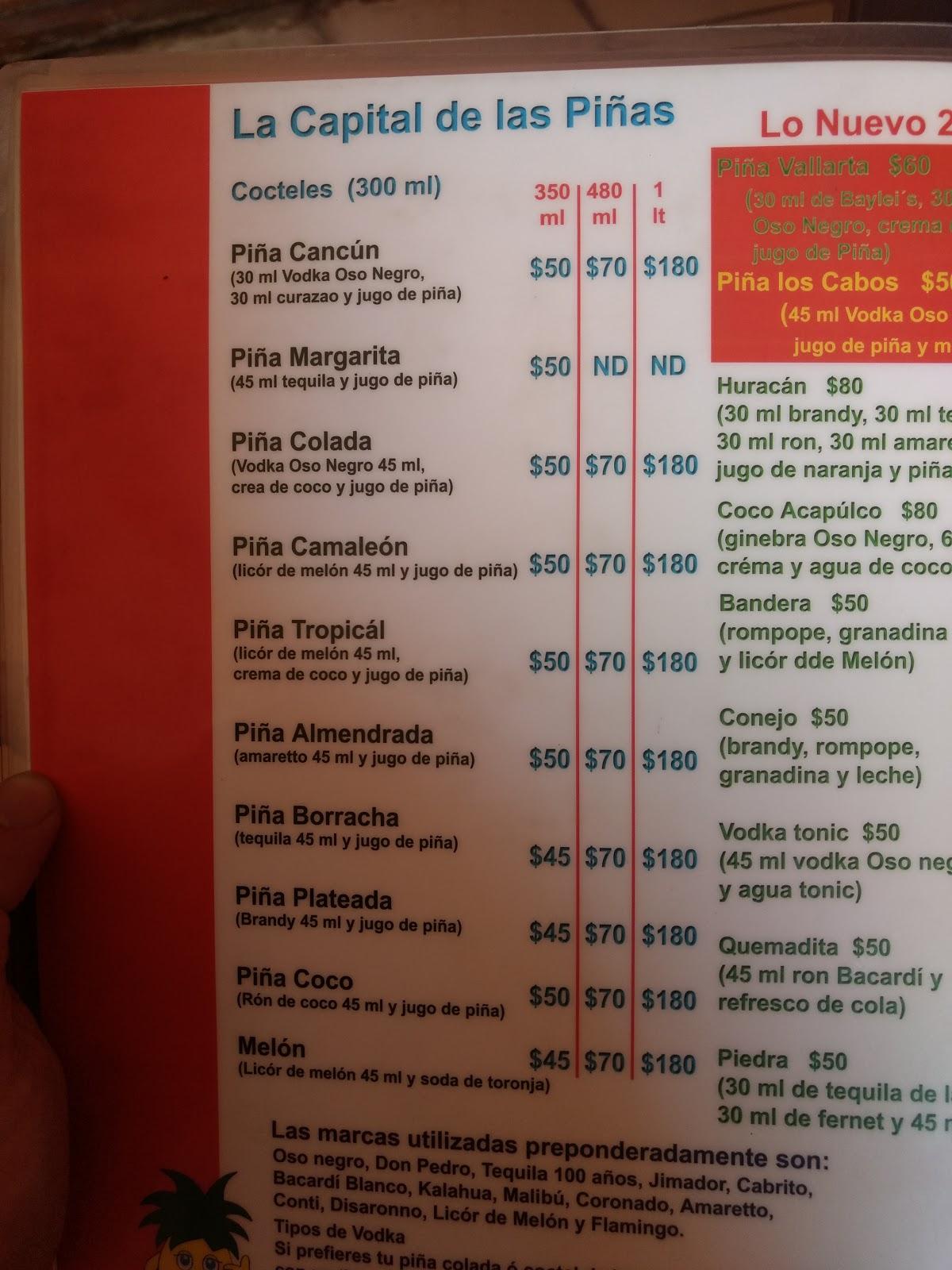 Carta del pub y bar Las Piñas., Tenango del Valle