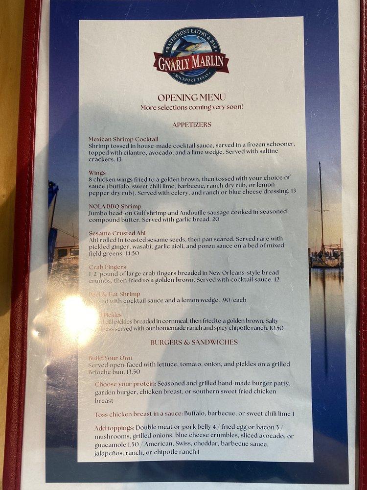 Menu at The Gnarly Marlin pub & bar, Rockport