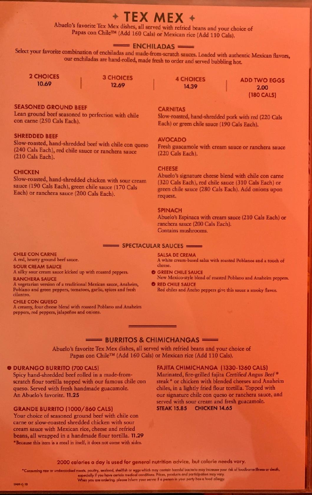 Menu at Abuelo's Mexican Restaurant, The Colony