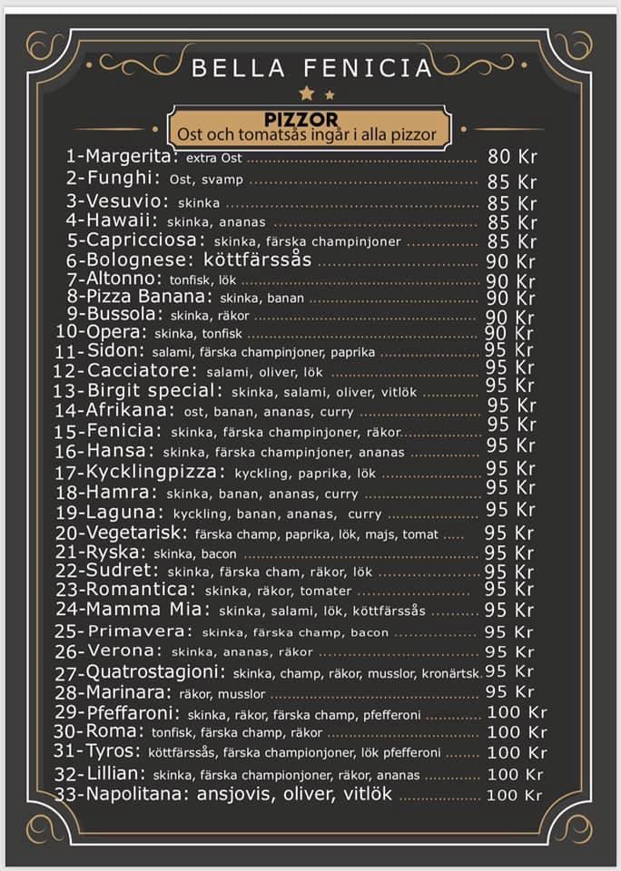 Menu at Bella Fenicia pizzeria, Hemse, Storgatan 55