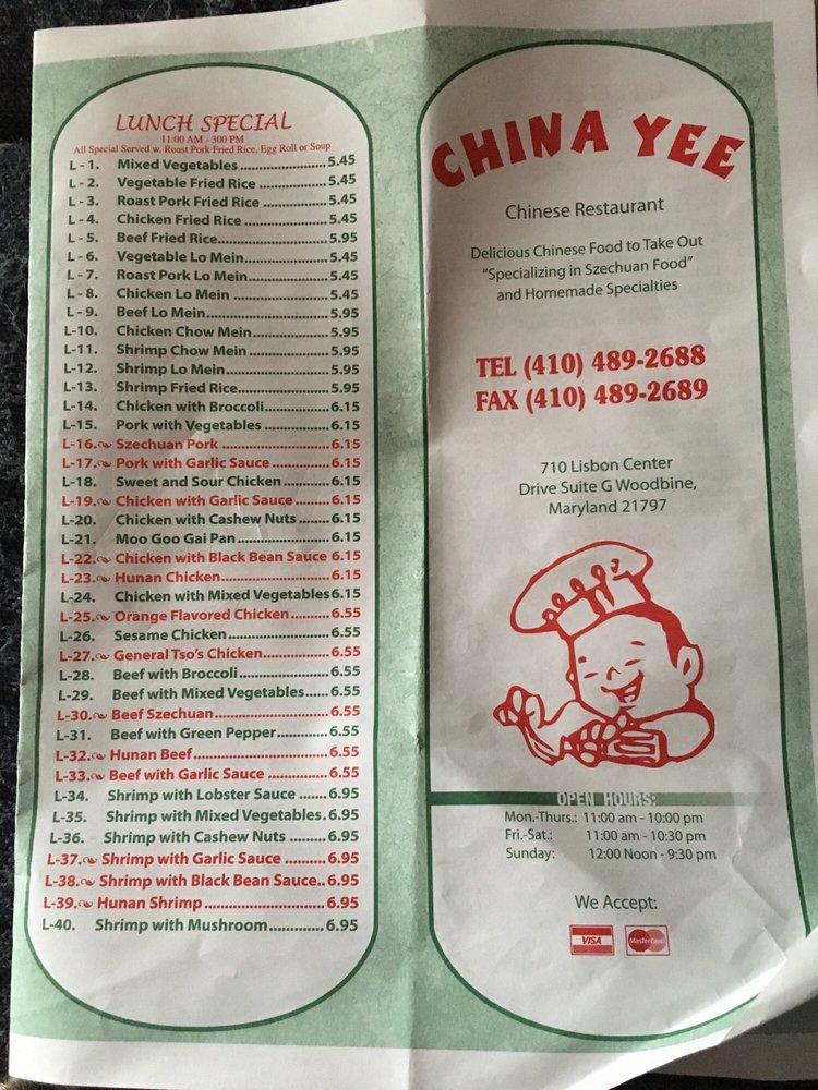 Menu at China Yee restaurant, Woodbine