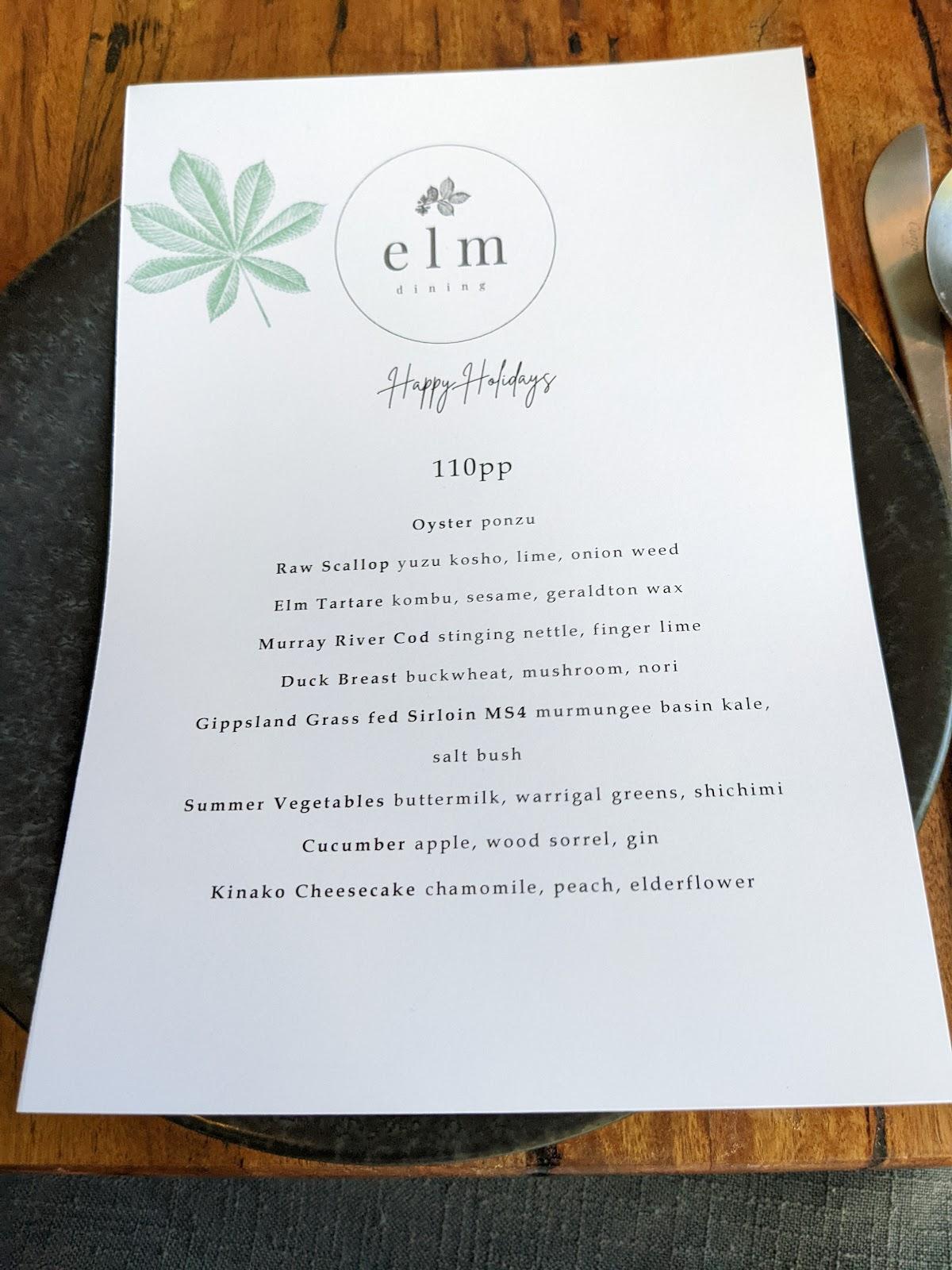 Menu at Elm Dining restaurant, Bright