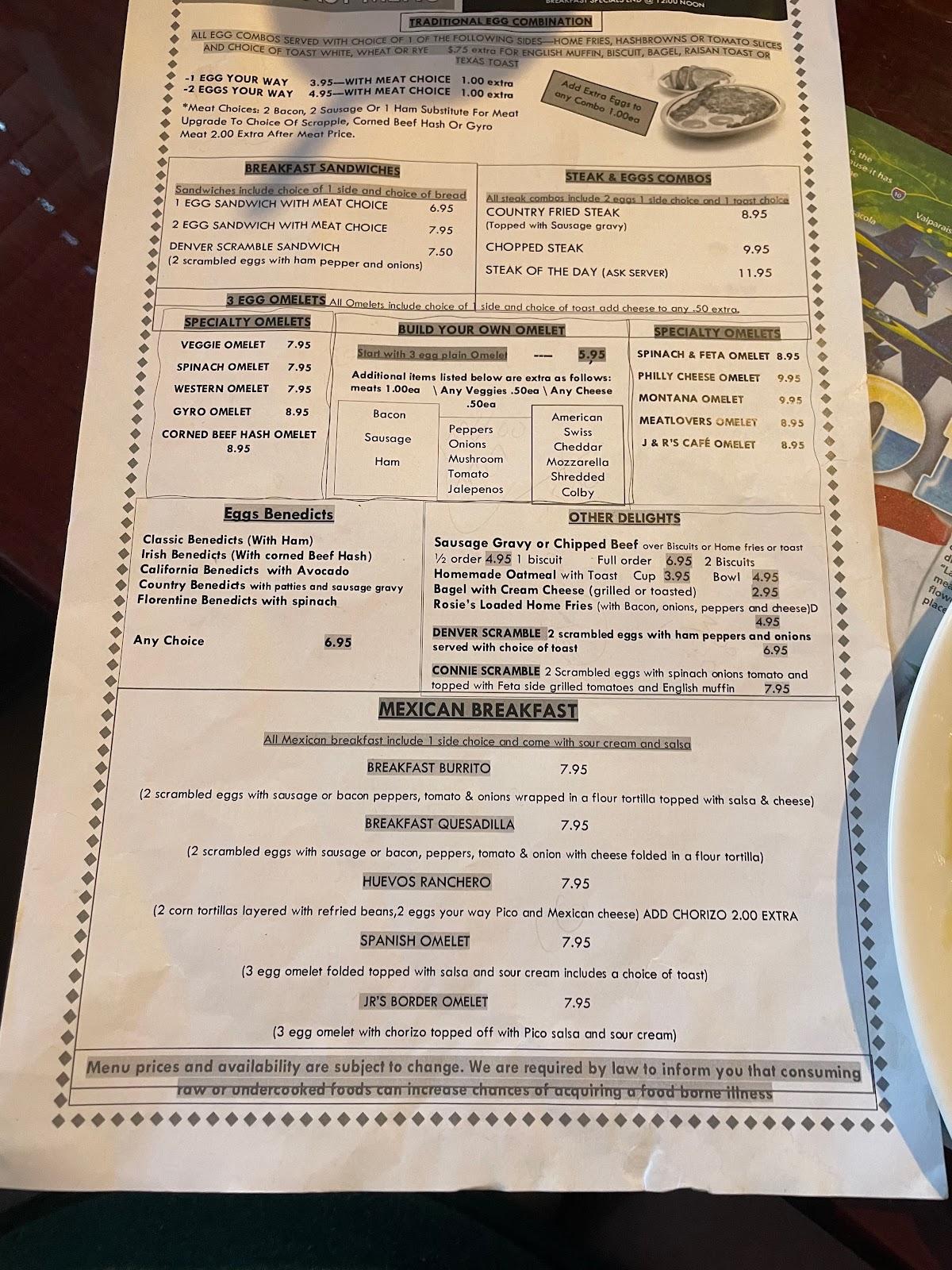 Menu at Junior and Rosie's Cafe and Grill, Englewood