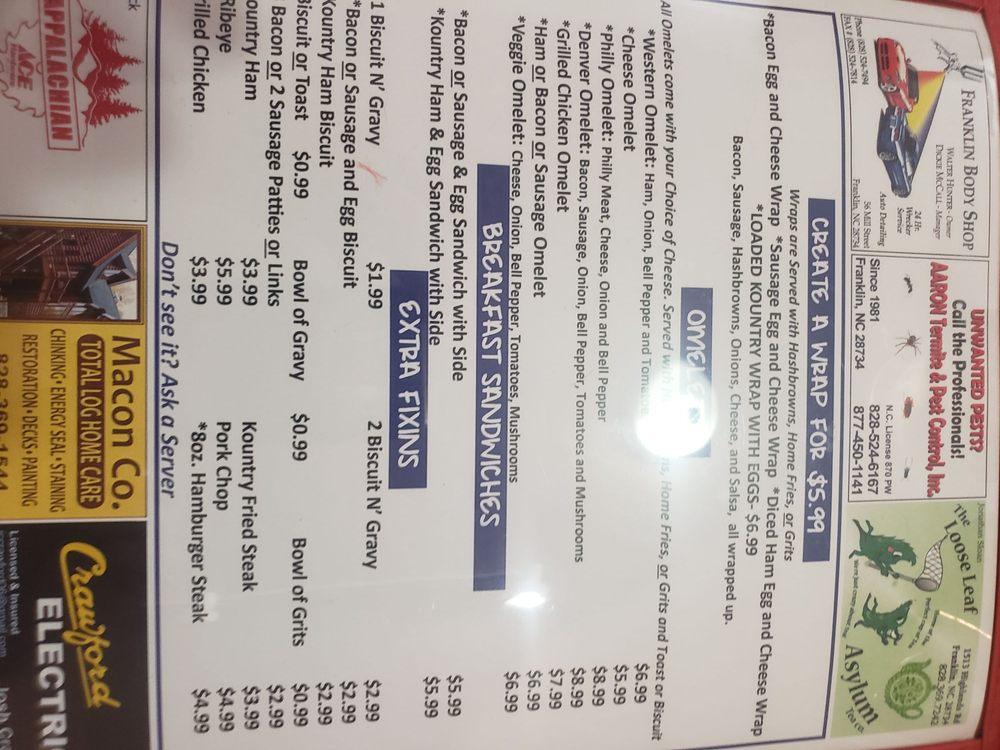 Menu at Kountry Kitchen restaurant, Franklin, 351 Carolina Mountain Dr