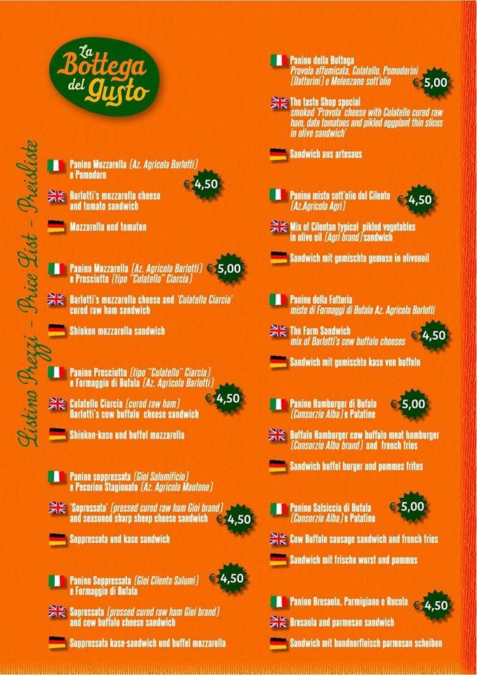 Menu at La Bottega del Gusto restaurant, Paestum