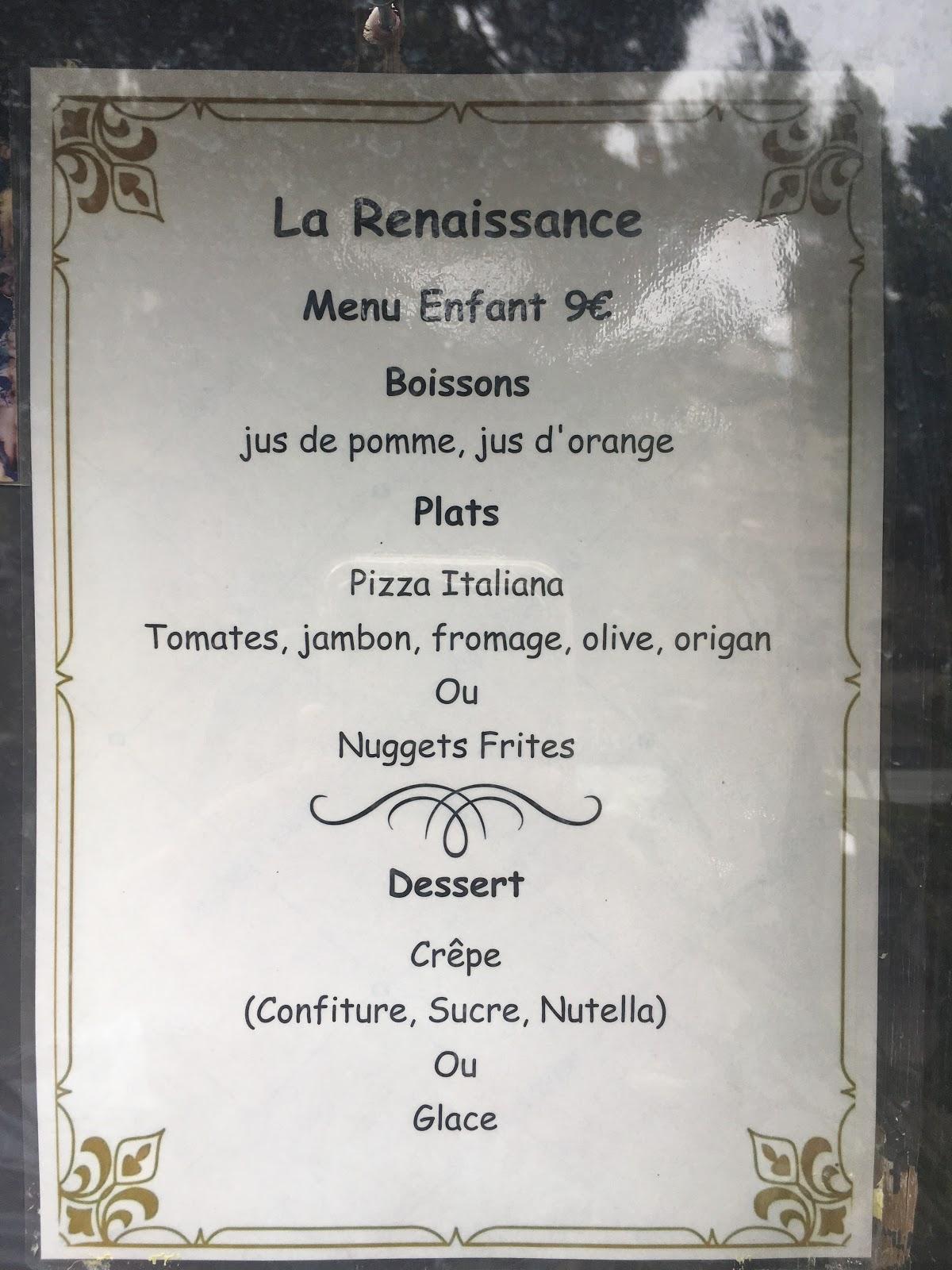 Menu au La Renaissance pizzeria, Barjac
