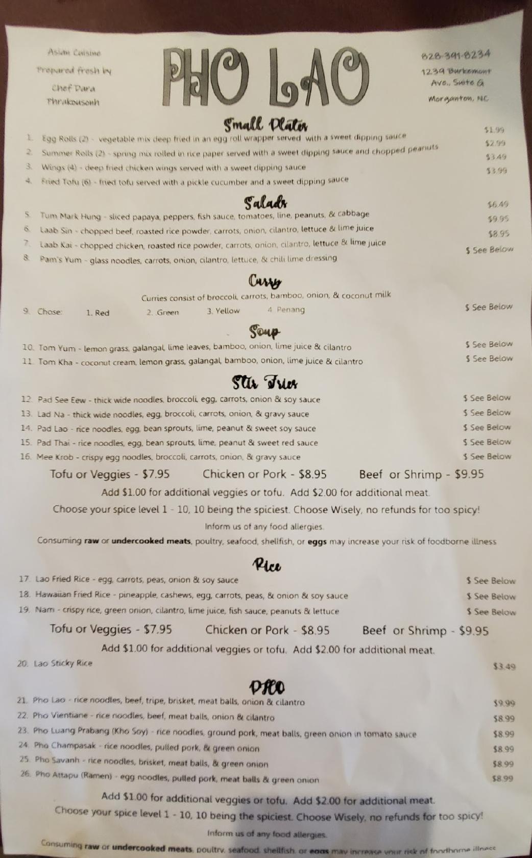 Menu at Pho Lao restaurant, Morganton