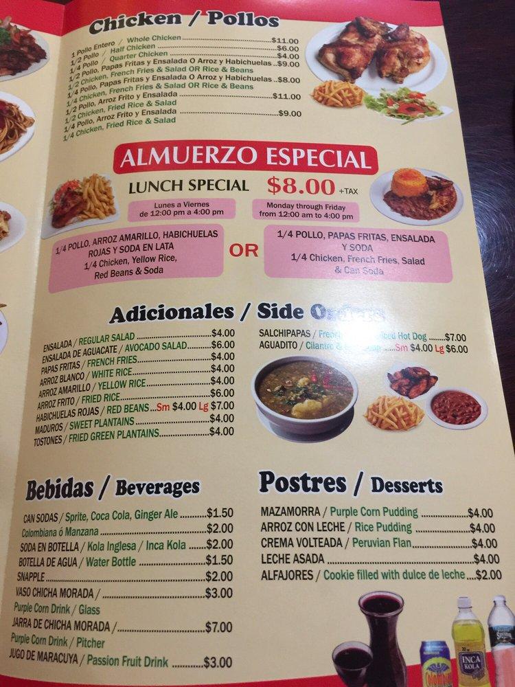 Carta del restaurante Sabor Peruano, Nueva York, 98-53 Corona Ave.
