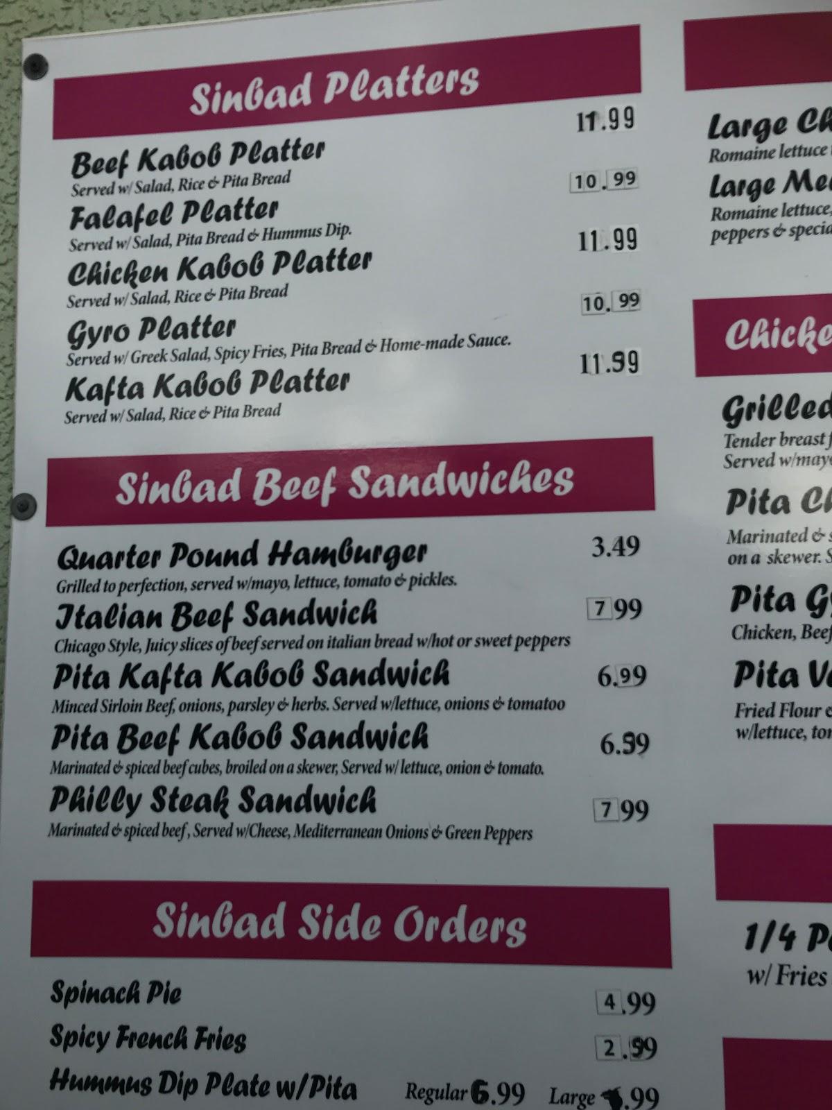 Menu at Sinbad's Fast Food, Merritt Island