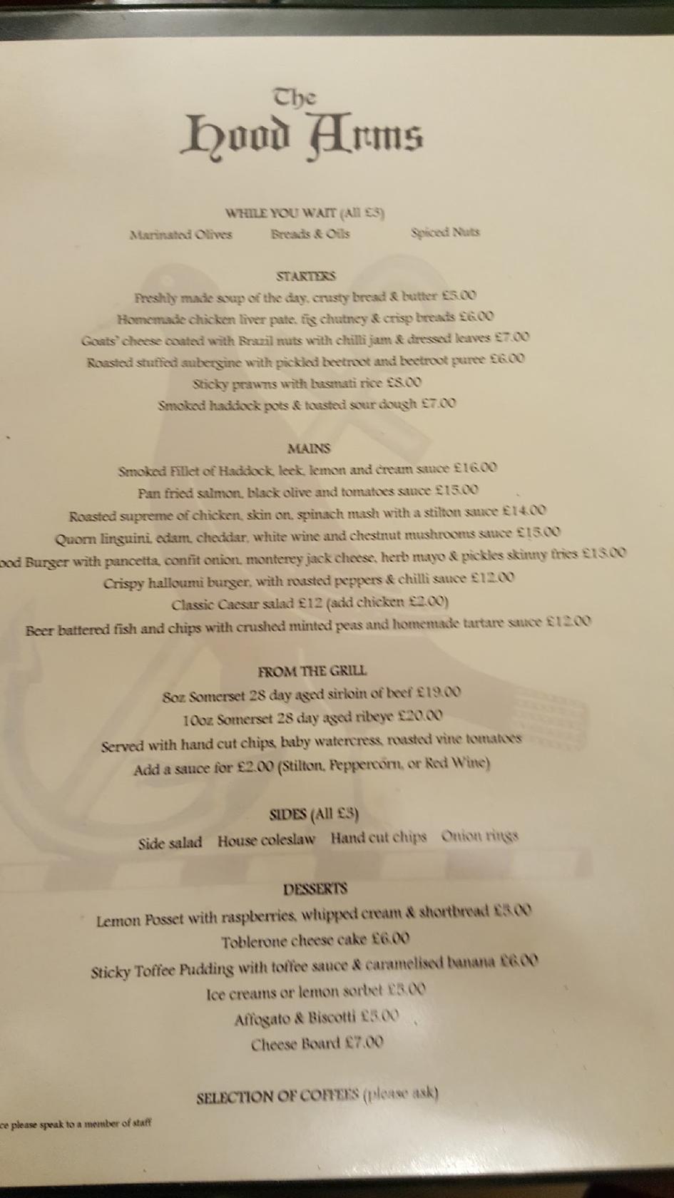 Menu at The Hood Arms pub & bar, Kilve, Kilve