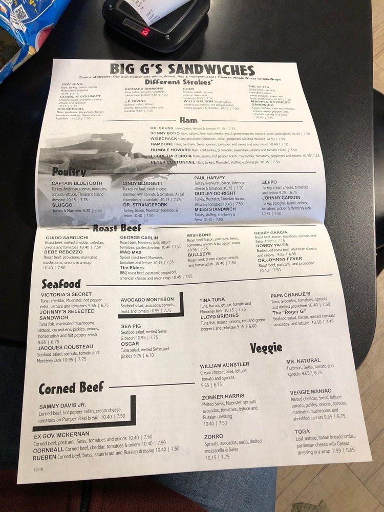 Menu at Big G's Deli restaurant, Winslow