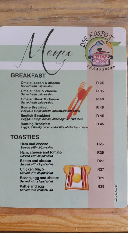Menu at Die Kospot restaurant, Hartswater