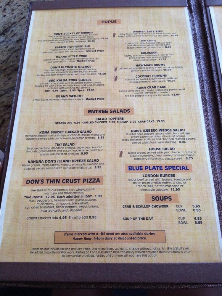 Menu at Don the Beachcomber pub & bar, Kailua-Kona
