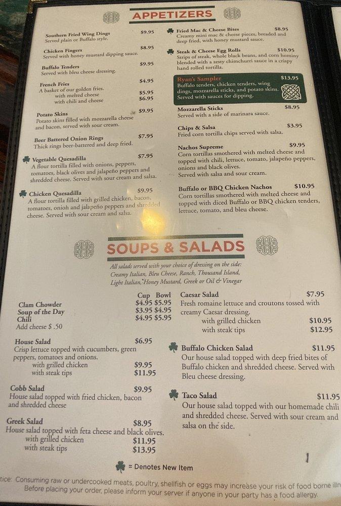 Menu at J.P. Ryan's Tavern pub & bar, Abington