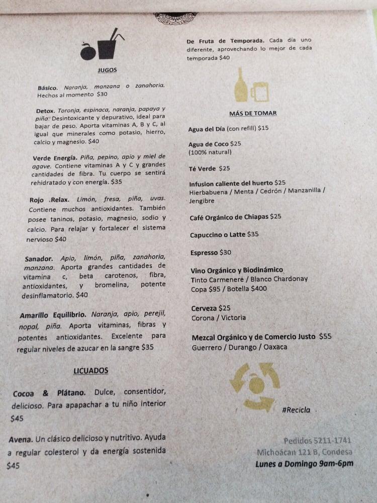 Menu at Los Antojos del Alma restaurant, Mexico City