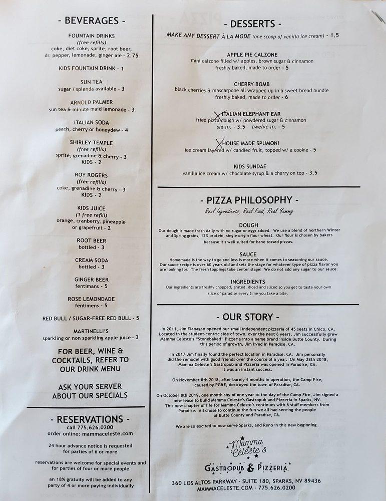 Menu at Mamma Celeste's Gastropub & Pizzeria, Sparks