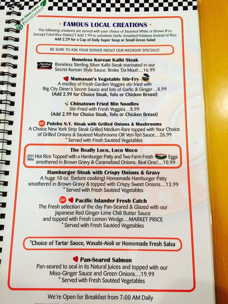 Menu at Big City Diner restaurant, Waipahu, 94-800 Ukeʻe Street #305