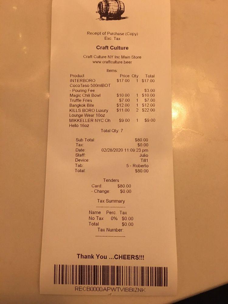 Menu at Craft Culture pub & bar, New York City