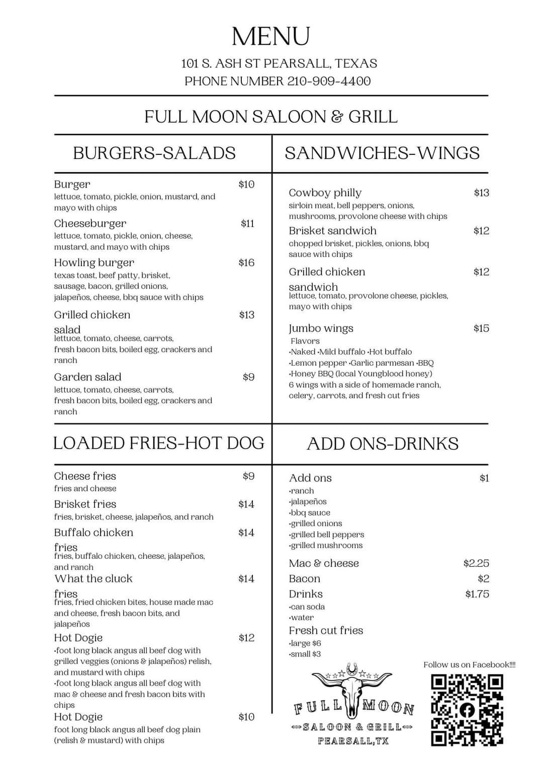 Menu at Full Moon Saloon pub & bar, Pearsall