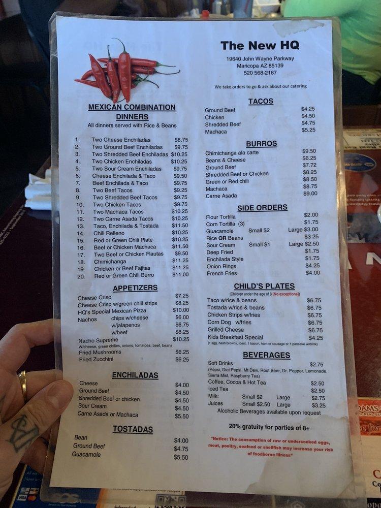 Menu at Headquarters Cafe, Maricopa, N Maricopa Rd