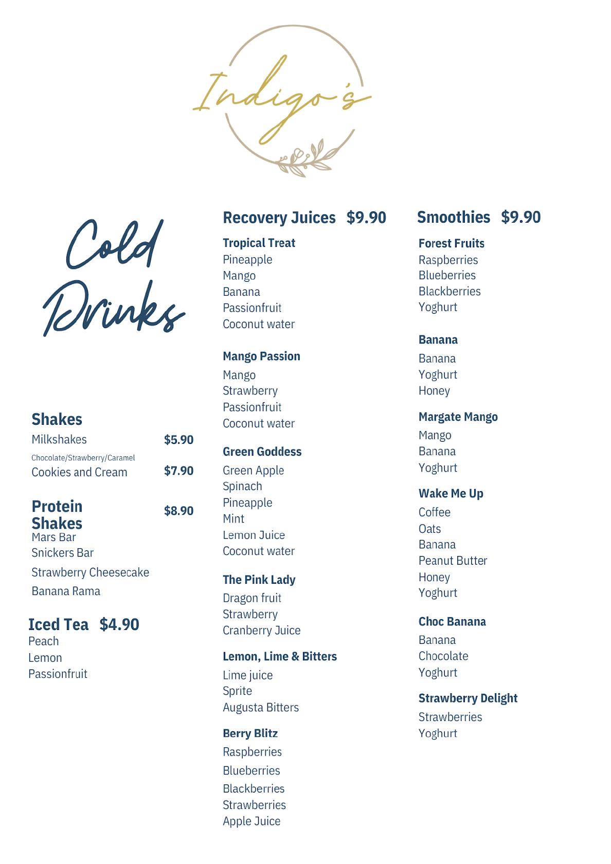Menu at Indigo's Cafe, Margate