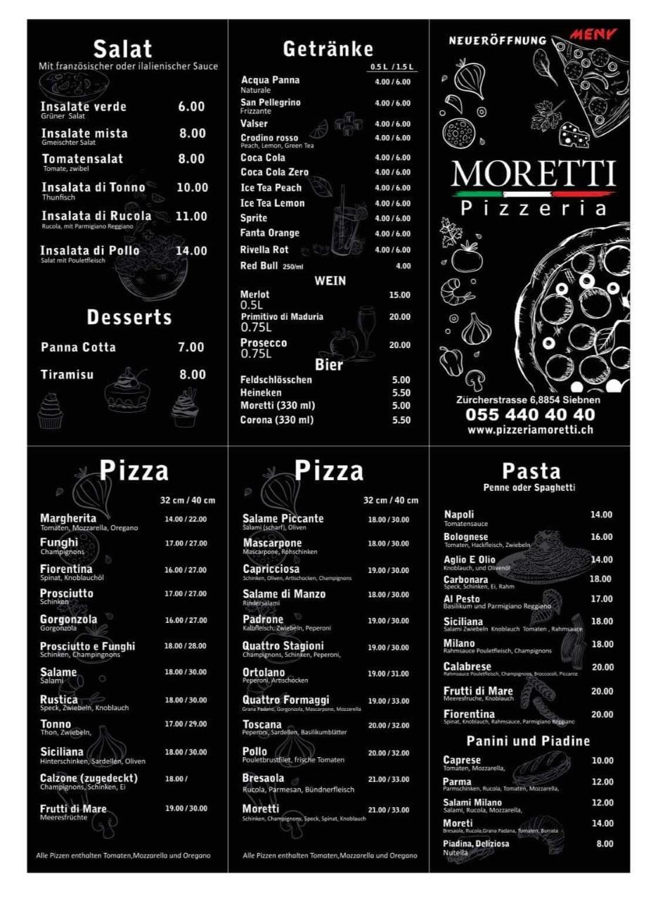 Menu da Pizzeria Moretti, Galgenen