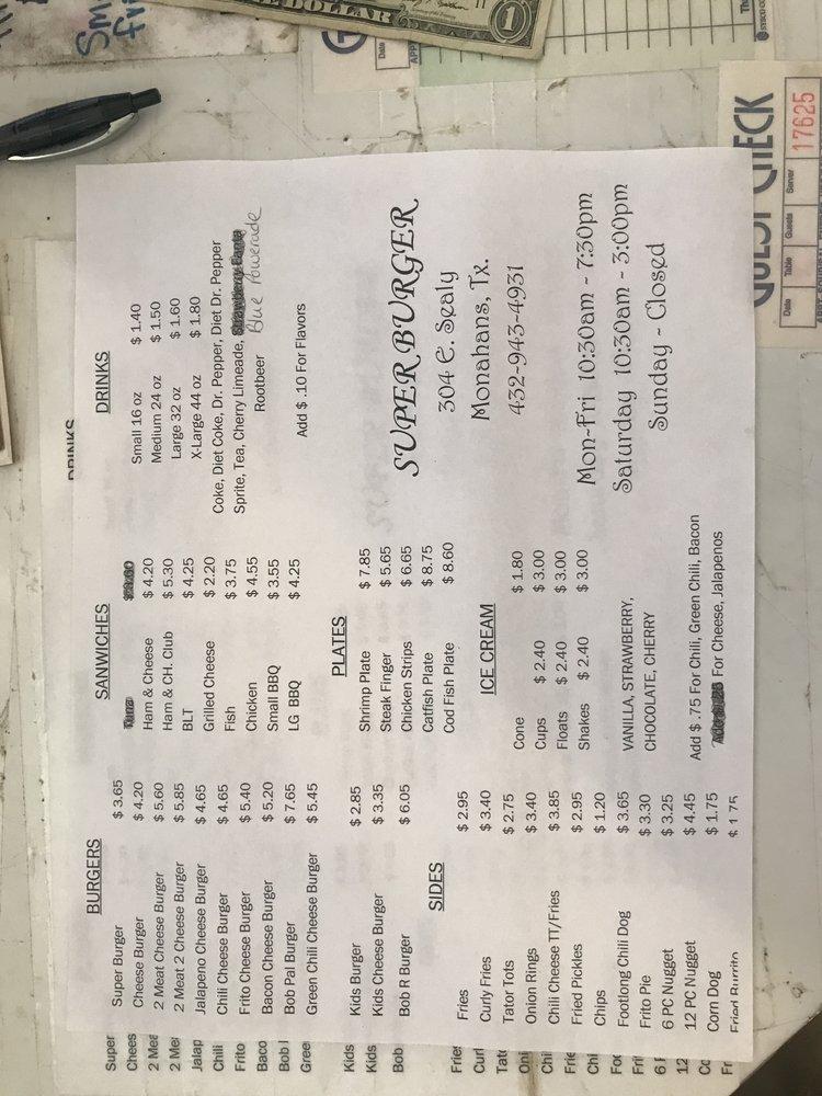 Menu at Super Burger restaurant, Monahans, 304 E Sealy Ave