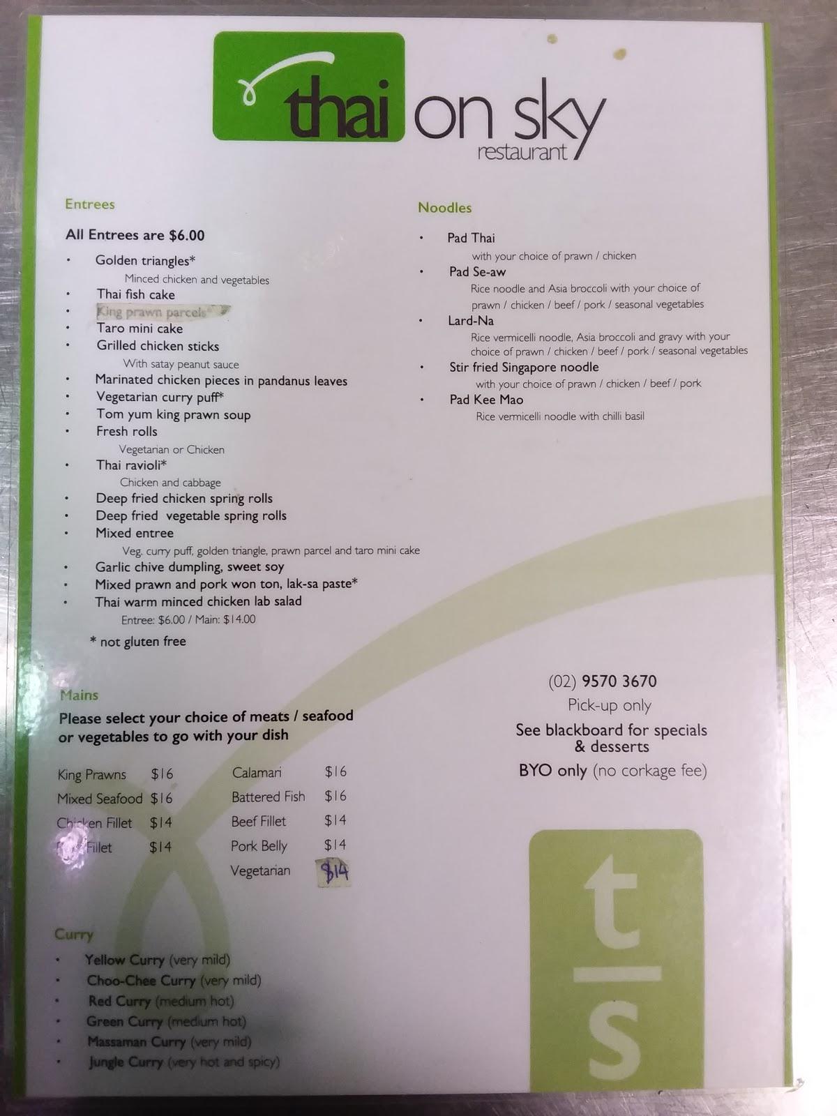 Menu at Thai on SKY Restaurant, Mortdale