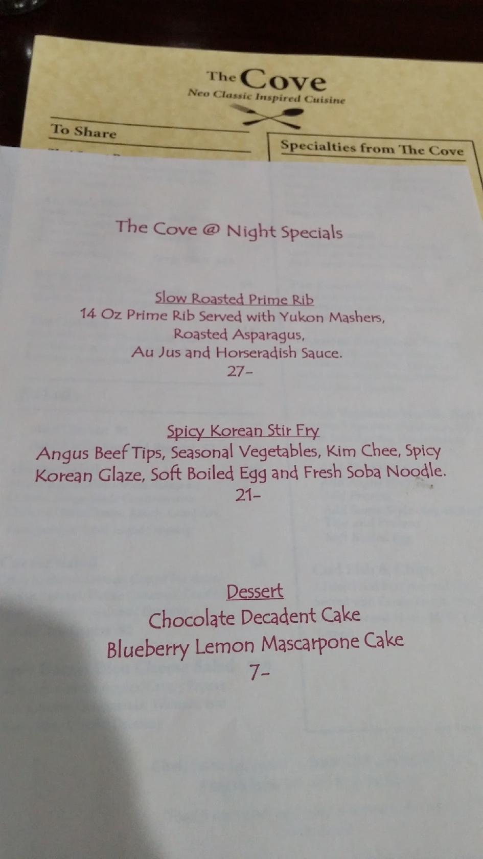 Menu at The Cove Restaurant, Long Beach