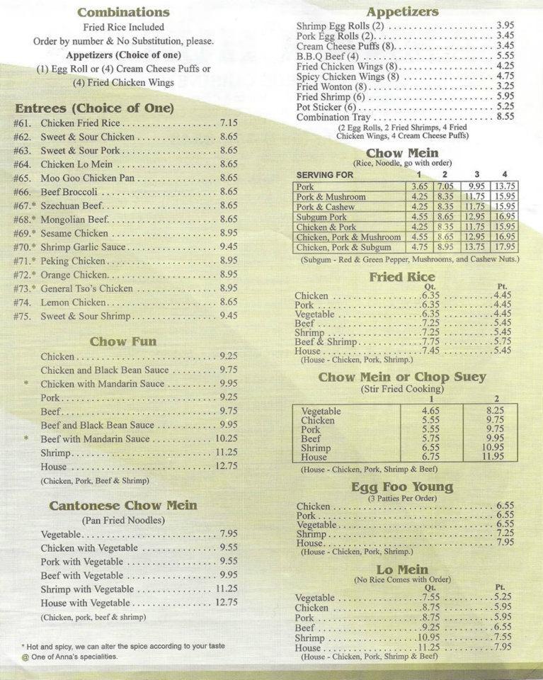 Menu at Anna Chung's Chinese restaurant, Eagan