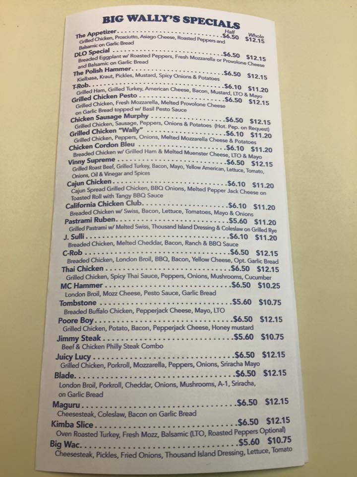 Menu at Big Wally's Subs restaurant, Sayreville