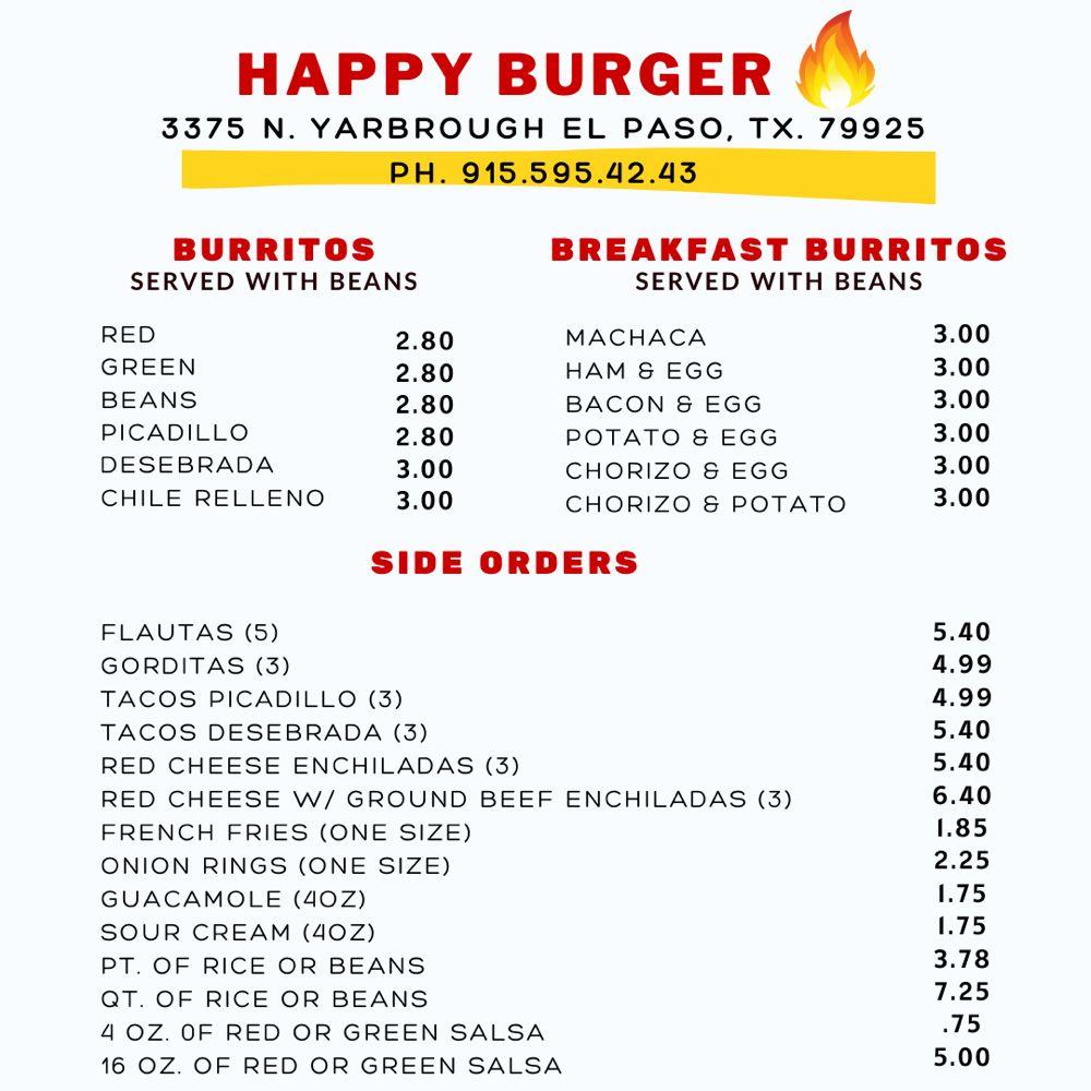 Menu at Happy Burger restaurant, El Paso