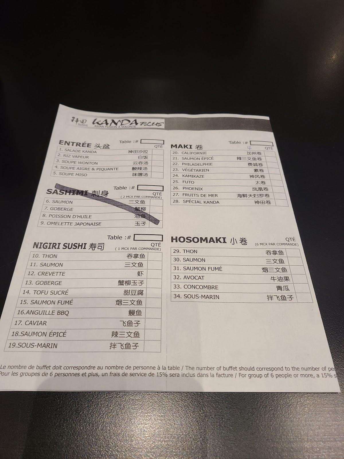 Menu au Kanda sushi restaurant, Laval, Boul. le Corbusier