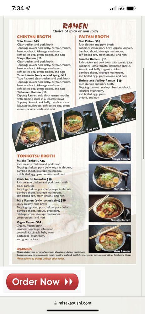 Menu at Misaka Sushi restaurant, Brentwood