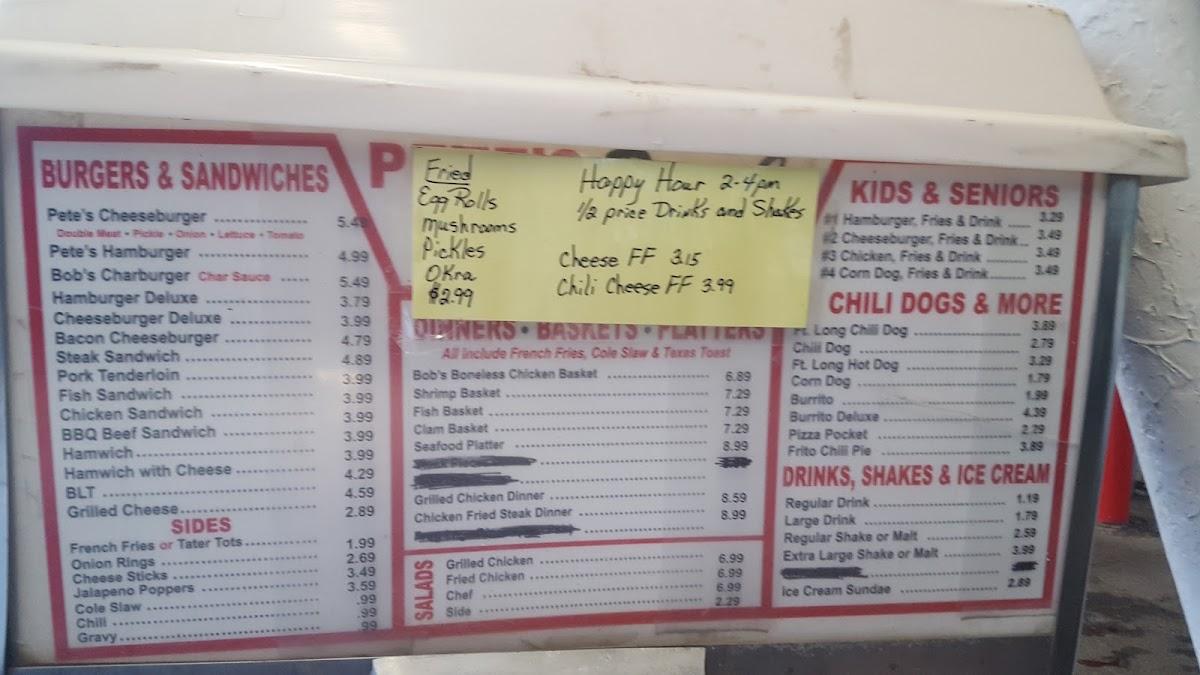Menu at Pete's Drive-In restaurant, Pryor