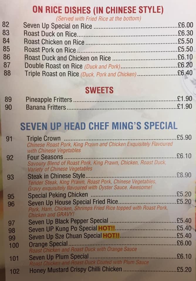 Menu at Seven Up fast food, Plymouth