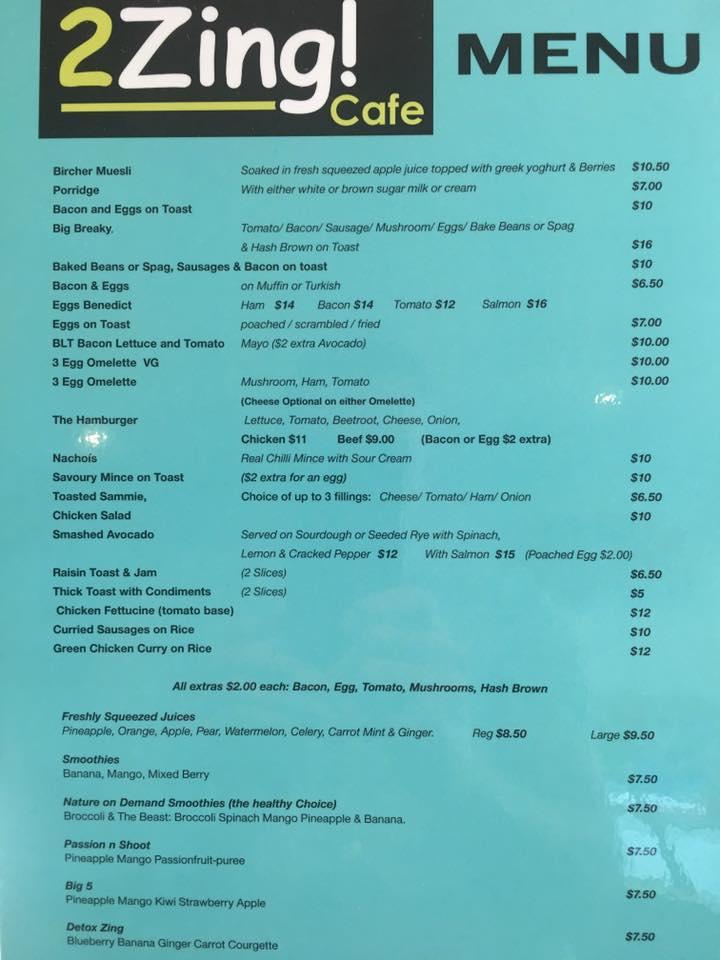 Menu at 2Zing! Cafe, Surfers Paradise