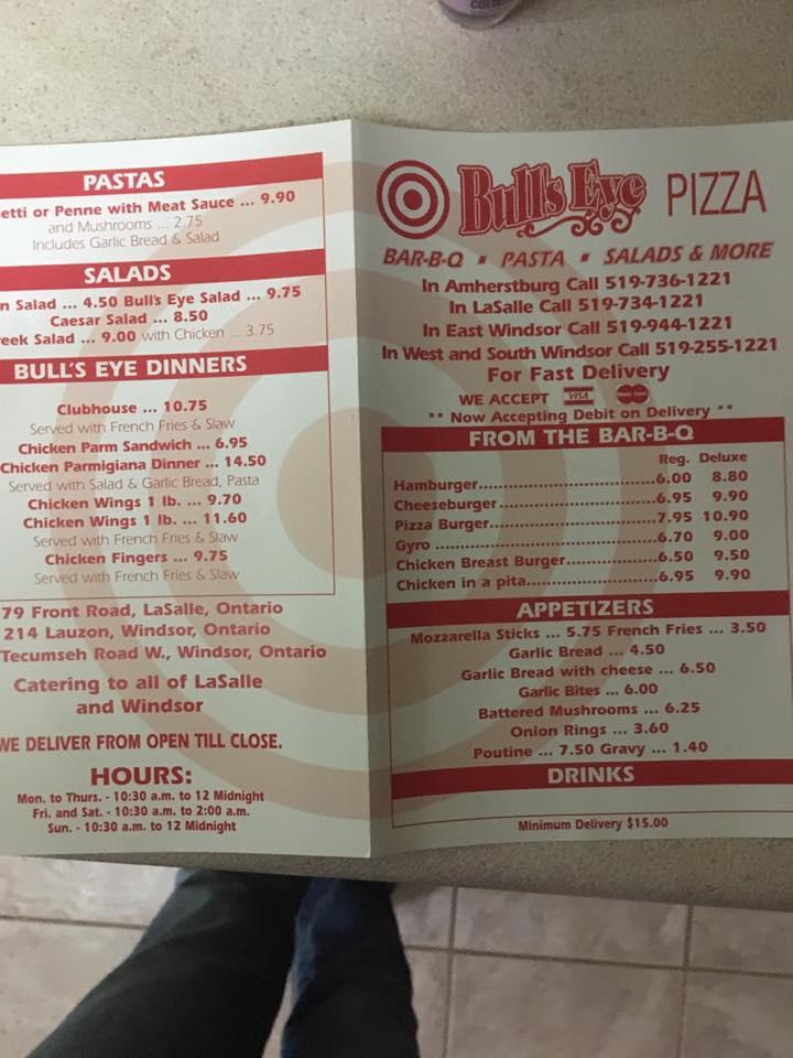Menu at Bull's Eye Pizza Amherstburg restaurant, Amherstburg
