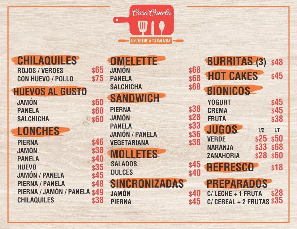 Menu at Clavo y Canela restaurant, Zapopan