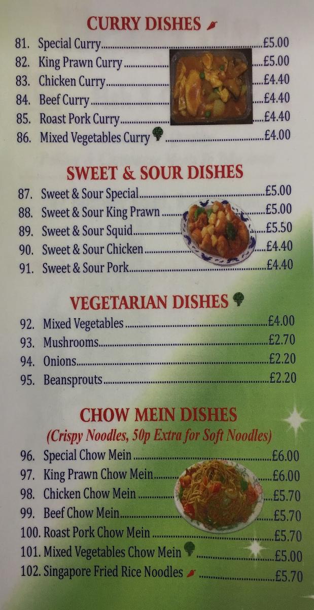 Menu at Heng Ju fast food, Rawtenstall
