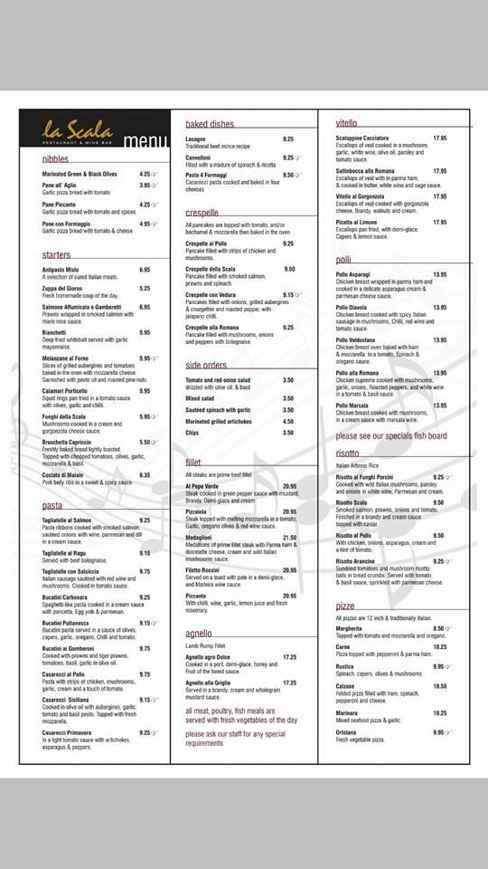 Carta de La Scala Restaurant, Sheffield