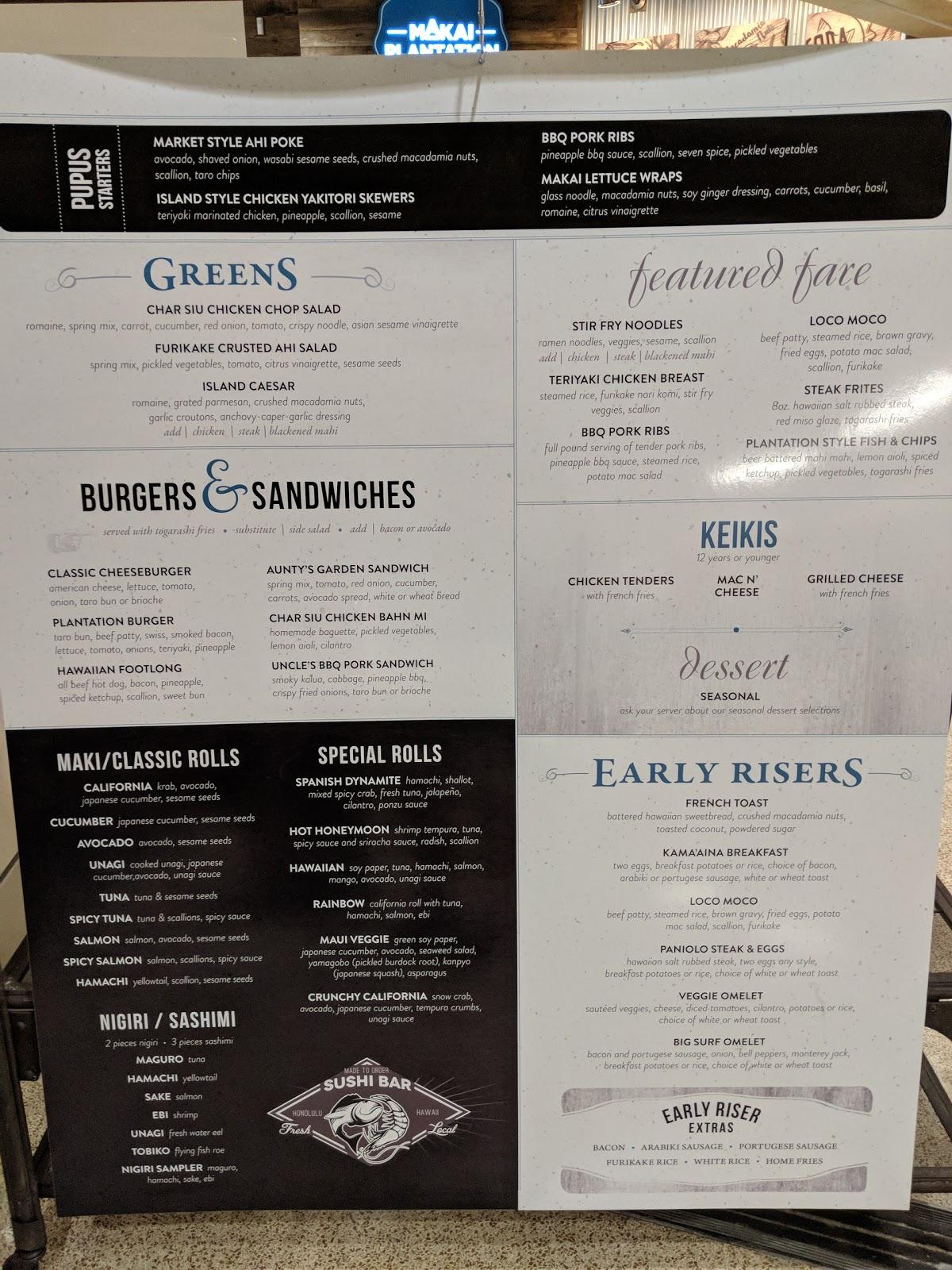 Menu at Makai Plantation restaurant, Honolulu, 300 Rodgers Blvd