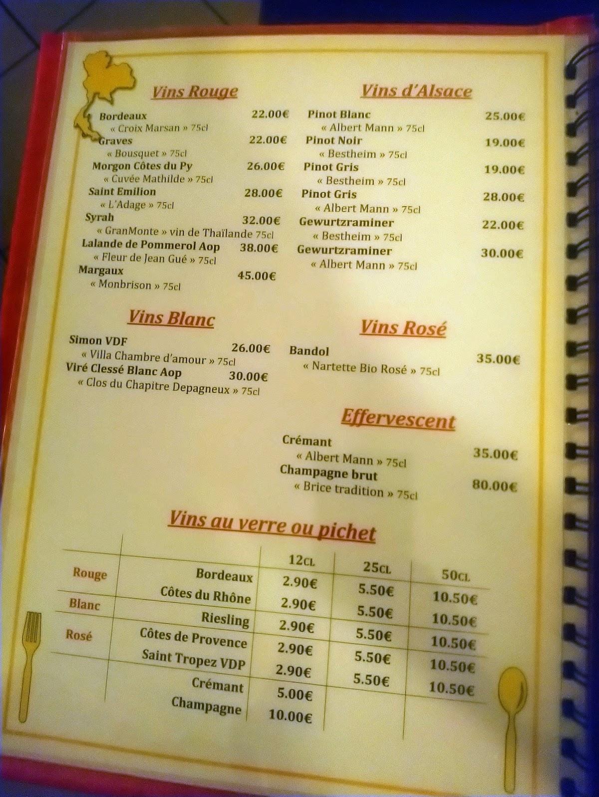 Menu au Muang Thaï restaurant, Colmar