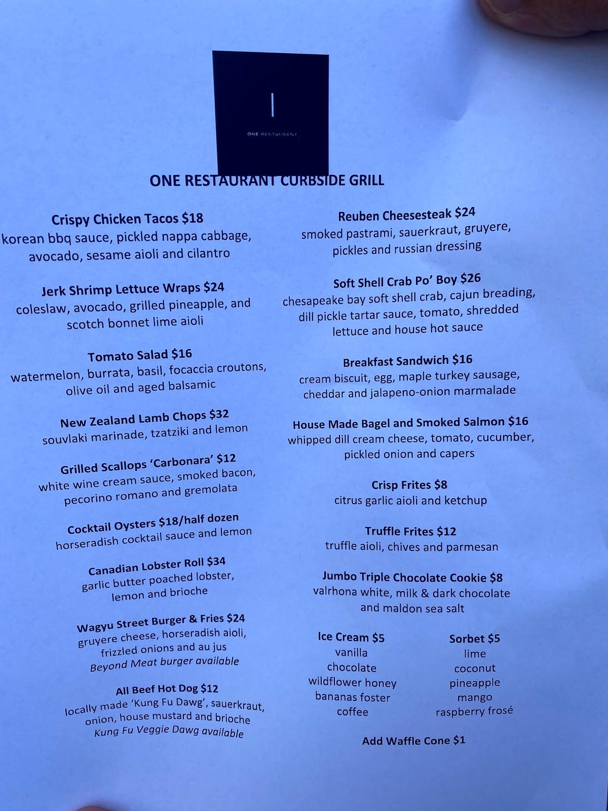 Menu at ONE Restaurant, Toronto, 116 Yorkville Ave