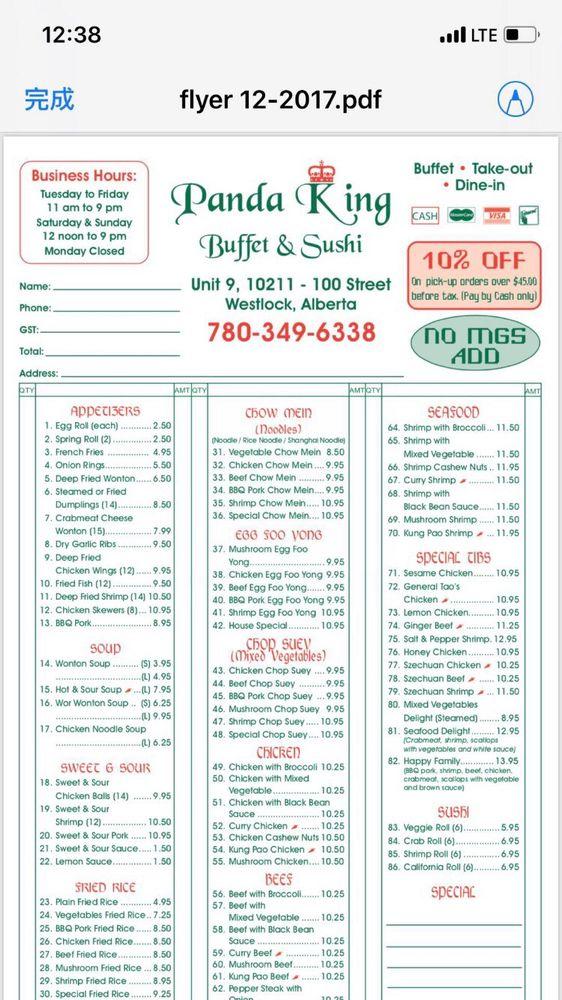 Menu at Panda King Buffet & Sushi restaurant, Westlock